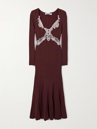 Self Portrait Robe Midi En Mailles Côtelées À Finitions En Dentelle - Marron
