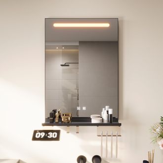 Sonni LED Badspiegel 50x70 cm, LED Wandspiegel mit Ablage 50 cm, 3 einstellbare Lichtfarben, Anti-Beschlag und Speicherfunktion