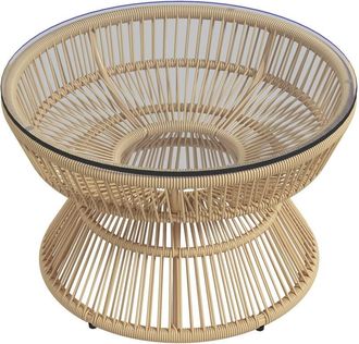 OUTSUNNY Table basse de jardin ronde r&eacute;sine aspect rotin plateau verre beige