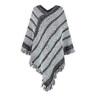 Generic Poncho en laine pour femme avec ourlet à franges ethnique en tricot crochet cape châle rétro long pull tops dames châles et enveloppements robe de Noë