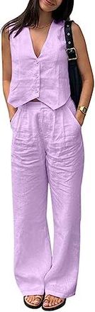 Minetom Tailleur 2 Pièces Femme Ensemble sans Manches Blazer Couleur Unie Gilet Haut Top et Pantalon Survêtement Ensemble 2pcs C Rose L