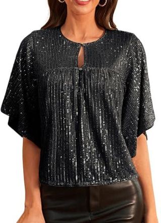 Grace Karin Haut &agrave; paillettes pour femme - Manches 1/2 - Col rond - Paillettes - Haut de f&ecirc;te, Noir, S