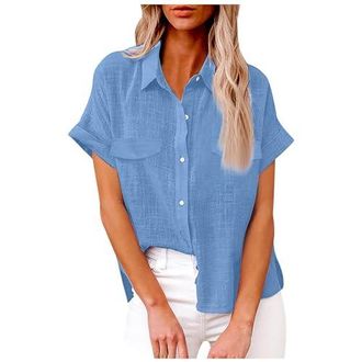Generic Chemise en lin pour femme boutonn&eacute;e d&eacute;contract&eacute;e col en V manches courtes chemises amples surdimensionn&eacute;es en coton m&eacute;lang&eacute; haut tendance chemisier, b