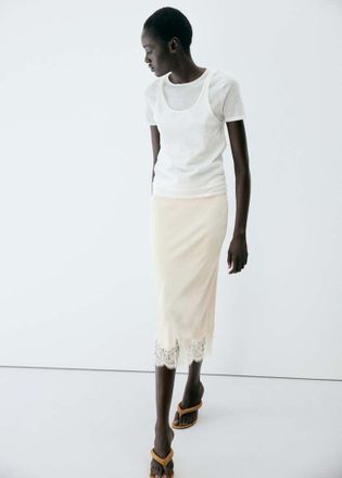 Mango Jupe satin&eacute;e dentelle &eacute;cru - Femme - XXS - MANGO