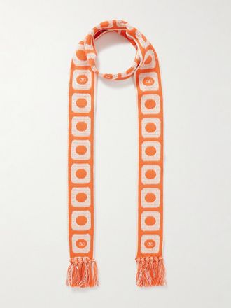 Valentino Garavani Antibes Schal Aus Jacquard-strick Aus Einer Baumwollmischung Mit Fransen - Orange