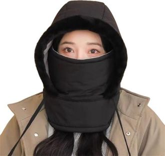 Generic Chapeau thermique 3 en 1 doubl&eacute; en peluche &eacute;pais avec masque facial, unisexe, coupe-vent, chaud, protection du visage, Noir, Taille unique