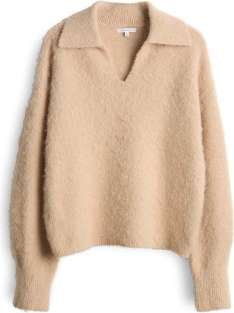 OPUS Damen Pullover | PELSIE Regular Flauschiger Strickpullover mit Polokragen Macadamia, 42