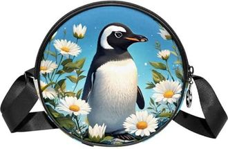 Generic Petit sac &agrave; bandouli&egrave;re rond pour femme, motif pingouin, fleur de pingouin, sac &agrave; dos avec fermeture &eacute;clair, bretelles r&eacute;glables, sac &agrave; main rond d&eacute;co