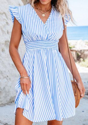 Cupshe A-Linien-Kleid Gestreiftes V-Ausschnitt-Kleid mit R&uuml;schen&auml;rmeln und Taillenbund