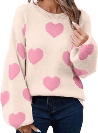 Generic Pull pour femme &eacute;l&eacute;gant &agrave; manches longues avec col rond en tricot avec plusieurs coeurs d&eacute;contract&eacute; ample &agrave; manches longues, beige, XXL