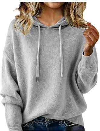 Generic Pull &agrave; capuche en tricot &agrave; manches longues pour femme - Col rond - Laine douce - Automne et hiver - Pull tricot&eacute; avec cordon de serrage, gris, XXL