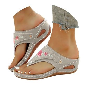 Generic Pantoufles orthop&eacute;diques compens&eacute;es pour femme 2026 &agrave; plateforme en cuir &agrave; fleurs - Sandales d&eacute;t&eacute; habill&eacute;es pour femme - Soutien de la vo&ucirc;te plantaire