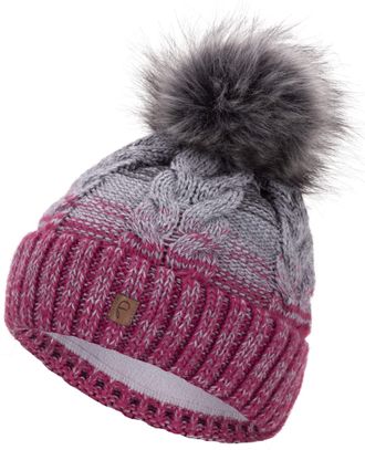 Faera Winterm&uuml;tze M&uuml;tze Damen warm gef&uuml;ttert mit Kunstfell Bommel-M&uuml;tze Fleecefutter Winter Strickm&uuml;tze Beanie, Farbe:Lila