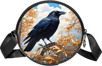Generic Sac &agrave; bandouli&egrave;re rond pour femme, petit sac &agrave; bandouli&egrave;re avec fermeture &eacute;clair, bretelles r&eacute;glables, style d&eacute;contract&eacute;, motif corbeau
