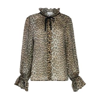 Ganni Leopard Chiffon Ruffle Blouse - - Blouses & Shirts - Damen - Mehrfarbig - L