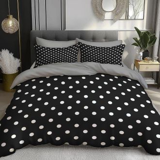 Generic Wei&szlig;e Punkte Bettw&auml;sche 135x200 3teilig, Schwarz Bettbezug 135x200 cm mit 2 Kissenbez&uuml;gen Weich 3D Wende Bettw&auml;sche Set Atmungsaktiv Pflegeleicht M/14