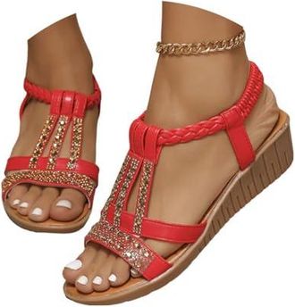 Onsoyours Sandale Femme Compensees Été Mode Élégance Mules Sandales Bout Ouvert Rome Strass Bride Cheville Chaussures Pour Plage Vacances B Rouge 37 EU, XY21062