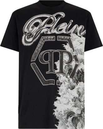 Philipp Plein Homme, Tops, Noir, Taille: XL T-Shirt Col Rond Signature C&eacute;ramique