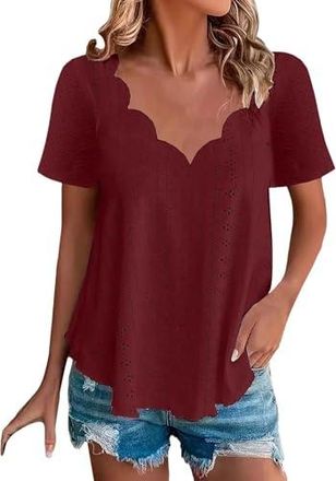 Generic Haut uni à manches courtes pour femme - Facile à porter - Couleur unie - Col en V - Confortable - Respirant - Col en V - Pour la vie quotidienne - Cad