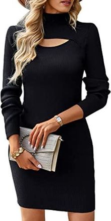 Onsoyours Robe Tricot&eacute;e pour Femme Pull de Couleur Unie D&eacute;contract&eacute; Robe dhiver Mini Robe Pull Extensible Robe &agrave; Manches Longues pour Femme B Noir XL