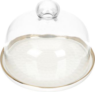 BESPORTBLE 1 Satz Desserttablett mit Glasdeckel 18cm Keramik Brotteller Wei&szlig; mit Goldrand Multifunktionales Kuchen und Obstserviertablett f&uuml;r Feiern und Snacks