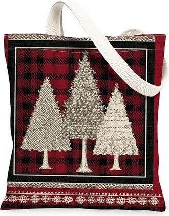 Generic Sacs fourre-tout en toile motif arbres de No&euml;l, sacs r&eacute;utilisables pour lhiver, rustique, l&eacute;ger, lavable, bandouli&egrave;re C, Rouge, 13x15 Inch