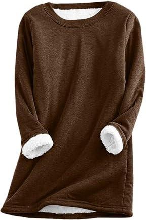 Generic Haut dautomne 2026 pour femmes, sous-manteau, col rond, couleur unie, chaud, manches longues, en polaire, décontracté, coupe ample, marron, M