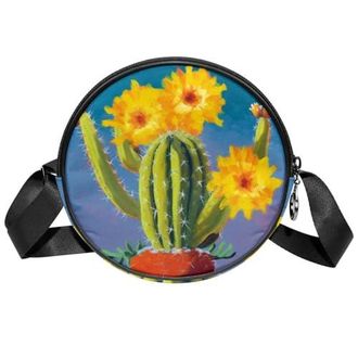 Generic Petit sac &agrave; bandouli&egrave;re rond pour femme, motif fleurs de cactus avec fermeture &eacute;clair, bretelles r&eacute;glables, sac &agrave; main rond d&eacute;contract&eacute; pour femmes et