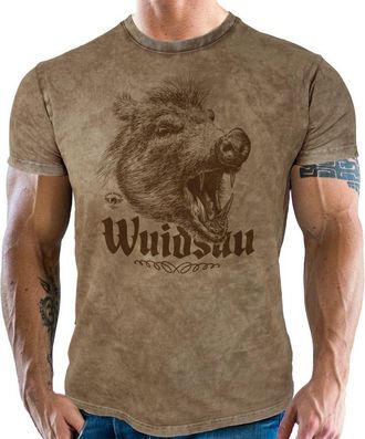 Lobo Negro Trachtenshirt Wuidsau im lässigen Lederhosen Look vorgewaschen, läuft nicht mehr ein
