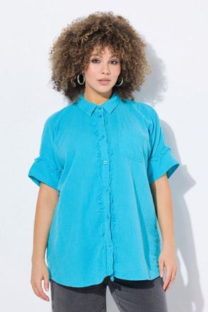 Ulla Popken Longbluse Musselin-Bluse Oversized Fransen Hemdkragen