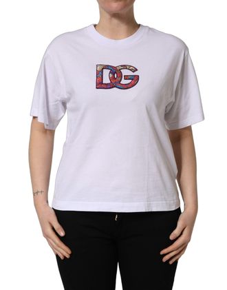 Dolce & Gabbana Womens White Cotton Dg Logo Patch Crew Neck T-Shirt