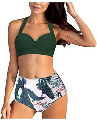 Generic Maillots De Bain Femme- Ensemble De Maillots De Bain Imprim&eacute; Taille Haute Bikini R&eacute;Tro Fronc&eacute; Tankini