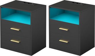 Vasagle Lot de 2 Tables dAppoint Modernes avec Tiroirs, Lumi&egrave;res LED, Multiprises et Ports USB, pour Chambre, Noir