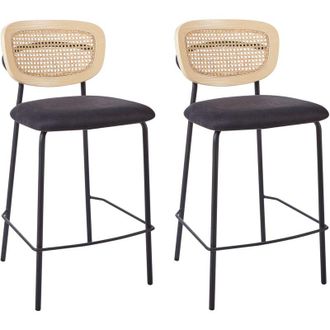 Beliani Lot de 2 Chaises de Bar Moderne Tabourets Dossier en Rotin Tress&eacute; Viennois Polyester Sans Accoudoirs Pieds Noirs Noir Mayetta