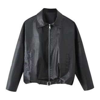 Generic Veste surdimensionn&eacute;e en cuir synth&eacute;tique pour femme - Style vintage - Avec ceinture &agrave; revers et fermeture &eacute;clair - Manches longues - Style d&eacute;contract