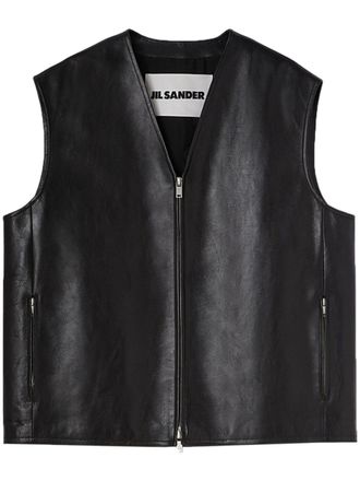 Jil Sander Weste aus Leder mit Logo - Schwarz