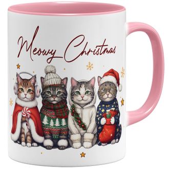 OM3 Meowy Christmas Kaffee-Tasse mit s&uuml;&szlig;en K&auml;tzchen - Weihnachtstasse 4 Katzen - Keramik Becher - 325ml - Beidseitig Bedruckt - Rosa