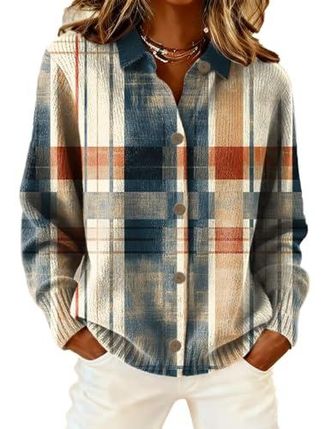 Generic Cardigan boutonn&eacute; &agrave; carreaux pour femme - Cardigan en tricot &agrave; carreaux - Col en V - Cardigan boutonn&eacute; pour femme, E, XXL