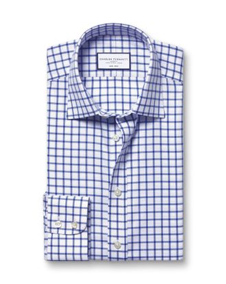 CHARLES TYRWHITT B&uuml;gelfreies Twill-Hemd mit Gitterkaros - Kobaltblau Knopfmanschette