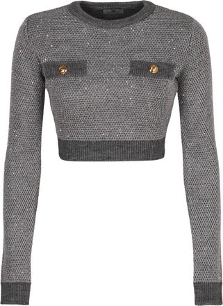 Elisabetta Franchi Femme, Pulls, Gris, Taille: 40 FR Maille &agrave; col rond