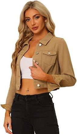 Allegra K Femmes Bouton Cou Manche Longues Basic Décontracté Tondu Denim Jean Veste Kaki L