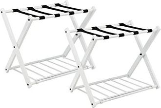 Giantex Porte Valise Pliant, Porte-Bagages en Métal, Support Valise/Bagages avec 2 Etages & 4 Sangles, pour Chambre, Hôtel, 68x43x58CM, Blanc (2 PC)