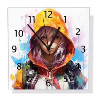 Wallario Design-Wanduhr Urban Warrior: Farbspritzer aus Glas, Motiv-Uhr Größe 30 x 30 cm, Schwarze Zeiger