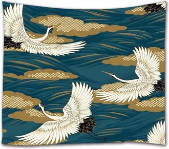 A.Monamour Wandteppich Japanischer Motiv Kranich Ozeanwellen Blauer Hintergrund Tuch Mandala Boho Hippie Psychedelic Tapisserie Wandbehang Wanddekoration Modern 