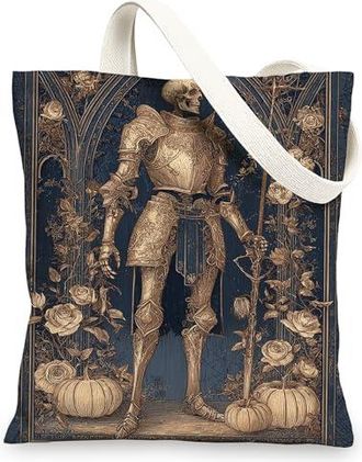 Generic Sac fourre-tout vintage gothique squelette en toile, motif floral artistique, sacs de courses réutilisables, légers et lavables à lépaule Stra, bleu m