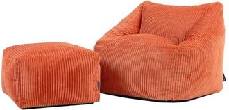Icon Brand Natalia Sitzsack Kinder mit Hocker, Orange, Flauschiger Cord Stoff, Sitzsack Cord mit Füllung, Bequemer Kinder Sessel, Kuschelsessel, Lese Sessel, Sch