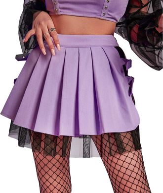 ORANDESIGNE Damen Faltenrock A-Linie Skater Rock mit Gittergewebe Kurz Gothic Mesh Höhe Taille Minirock Schulmädchen Plaid Rock Karierter Rock Streetwear A Violet