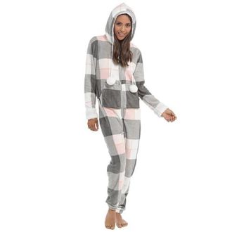 Lora Dora Combinaison Femme Imprim&eacute; Carreaux Tout-en-Un Pyjama Polaire &agrave; Capuche &agrave; Carreaux Luxe Rose Taille Grande EU 44-46
