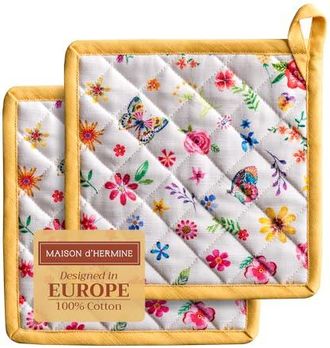 Maison d'Hermine Happy Florals Lot de 2 maniques, 100% Coton, pour Barbecue, Cuisson, Four, Micro-Ondes, grillades, Printemps/&eacute;t&eacute;, P&acirc;ques (Sweety, 20cm x 20cm)