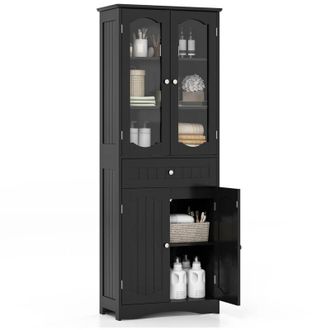 Costway Armoire de Rangement de 160 cm de Haut, 2 Portes en Verre Transparent, 2 Etag&egrave;res R&eacute;glables, 1 Tiroir, Autoportante, Noir